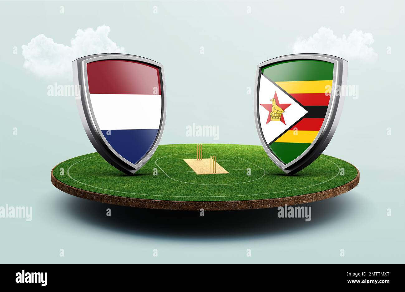 A 3D rendering of Netherlands vs Zimbabwe cricket flags with shield on ...