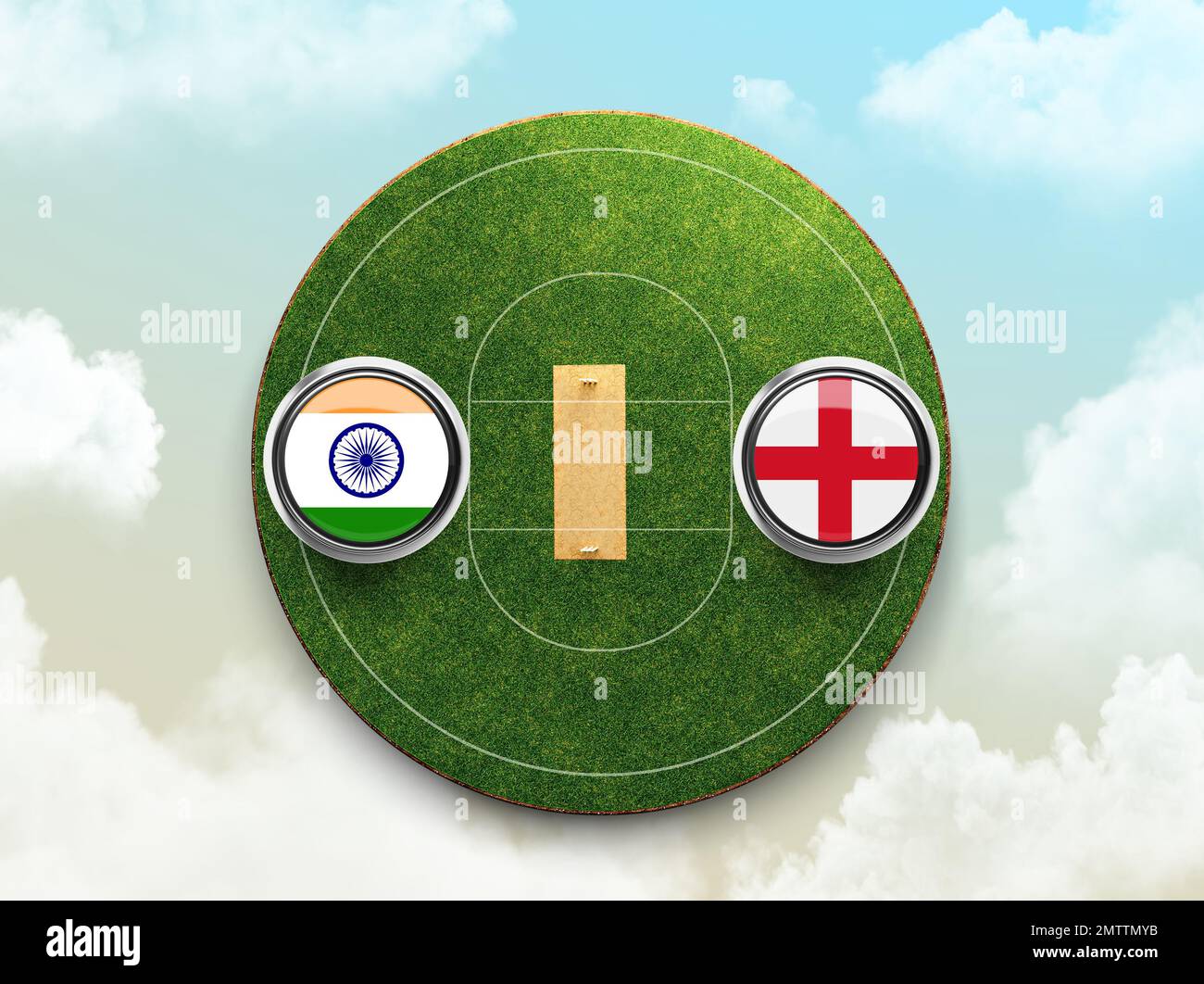 A 3D rendering of India vs England round cricket flags on green stadium ...