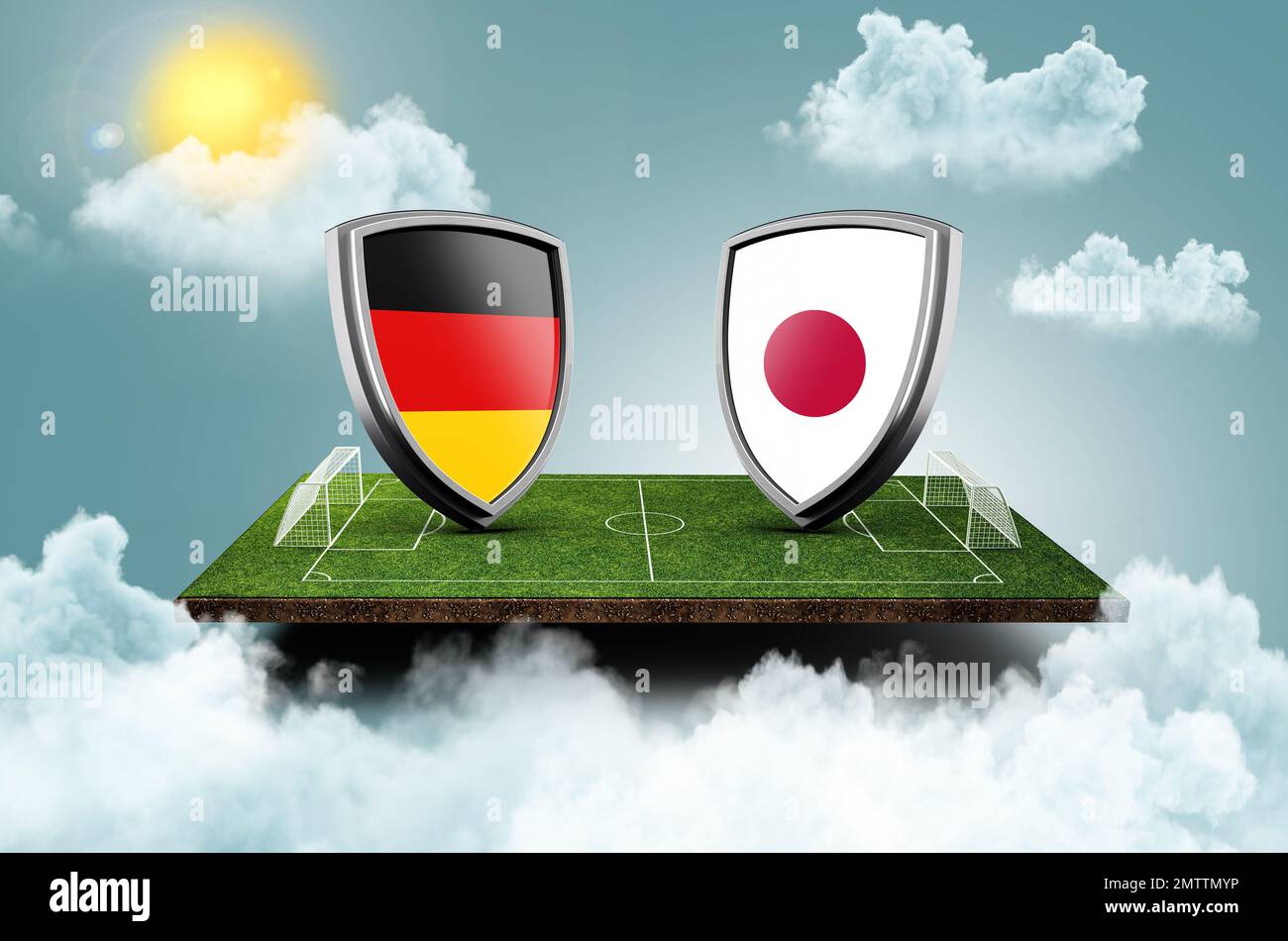 A 3D rendering of Germany vs Japan flags with shield on green stadium ...