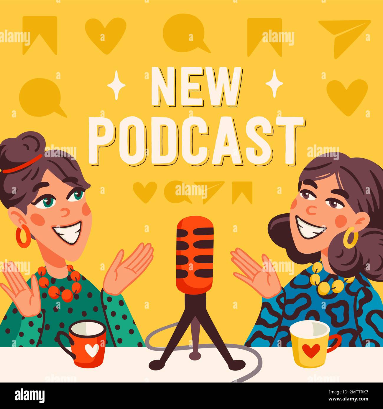Podcast cover concept. Two joyful girls recording audio podcast or ...