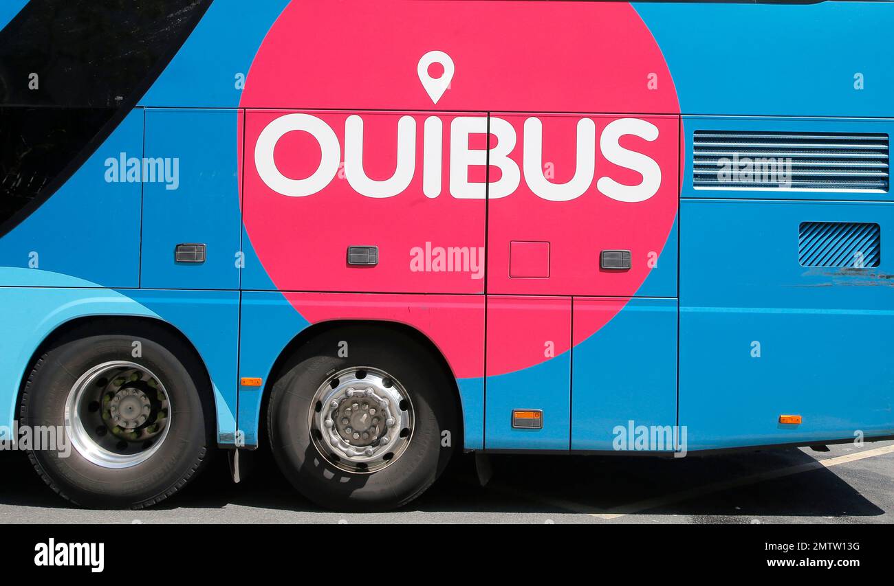 The logo of the Ouibus company is pictured in Paris, France, Tuesday ...