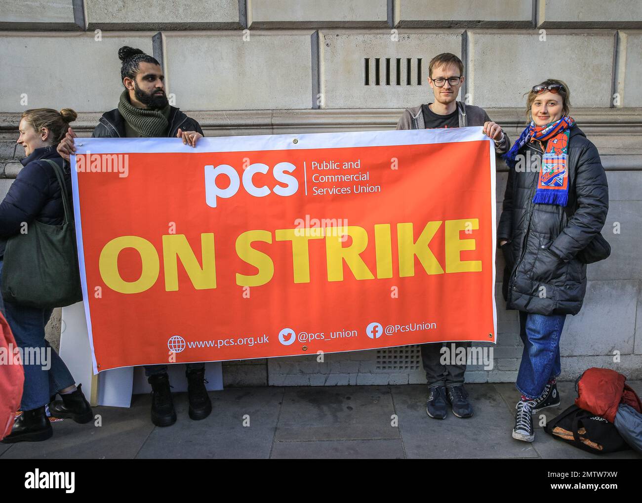 London, UK. 01st Feb, 2023. Members of the PCS union on a picket line ...