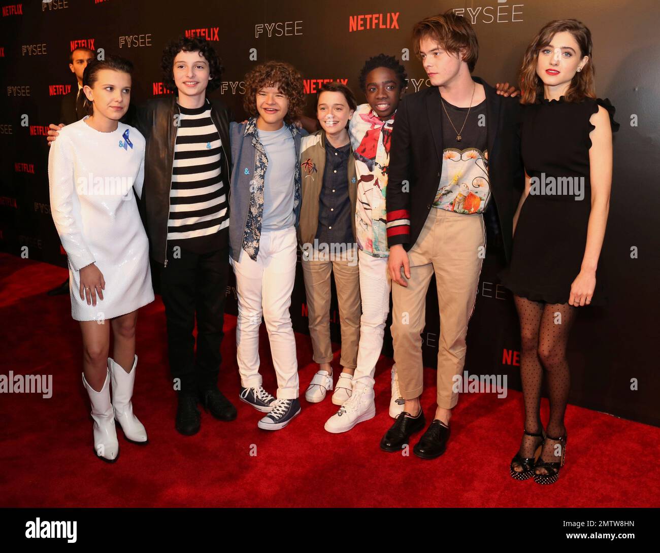 The Cast of "Stranger Things" Millie Bobby Brown, from left, Finn Wolfhard, Gaten Matarazzo ...
