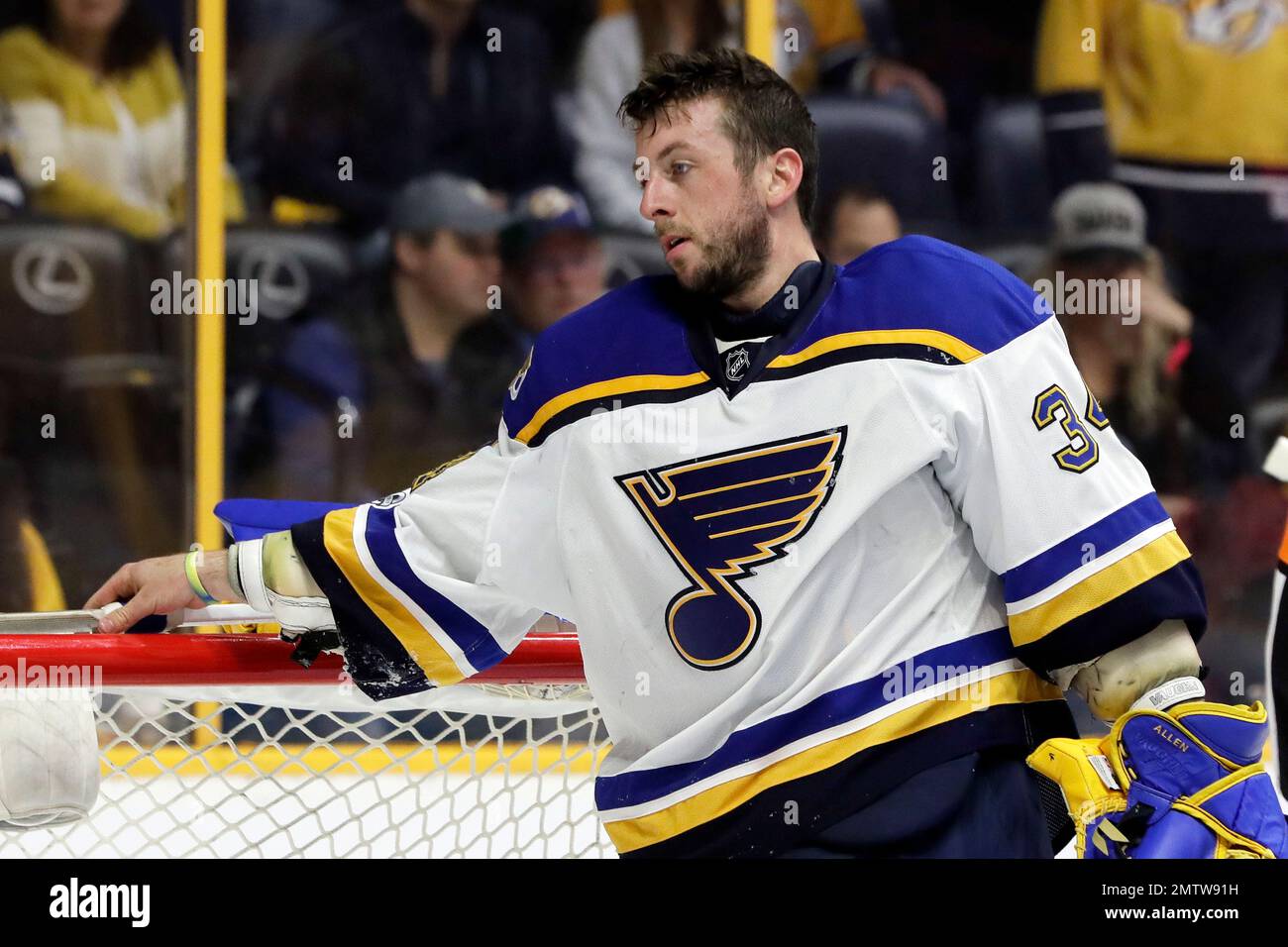 St. Louis Blues goalie Jake Allen takes a break during the second ...