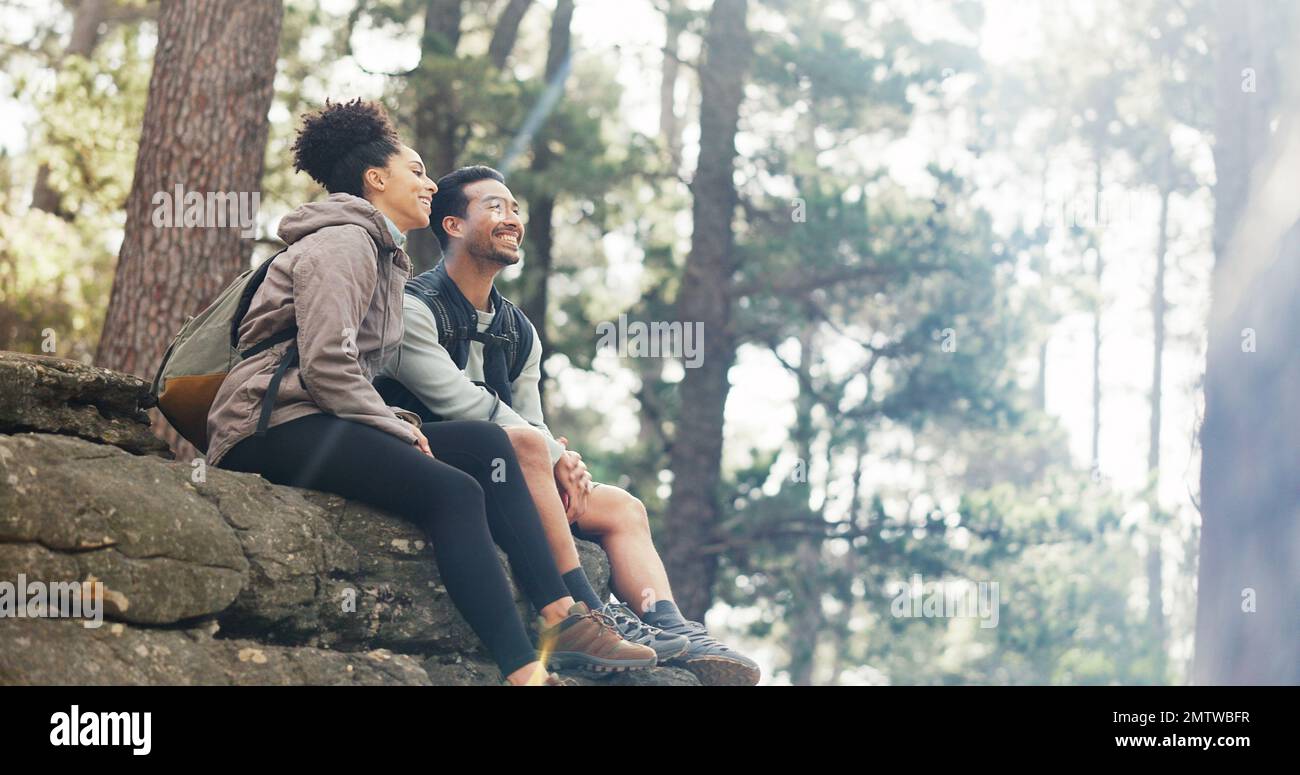 Nature, hiking and a couple relax on adventure trail in forest and ...
