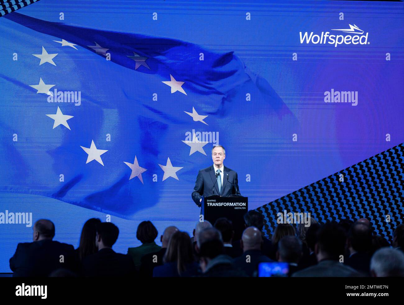 Ensdorf, Germany. 01st Feb, 2023. Gregg Lowe, CEO of Wolfspeed, speaks ...