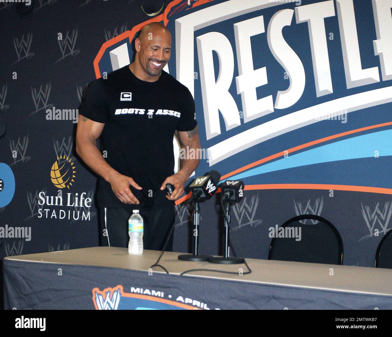 Dwayne 'The Rock' Johnson at the WWE WrestleMania 28 press conference ...