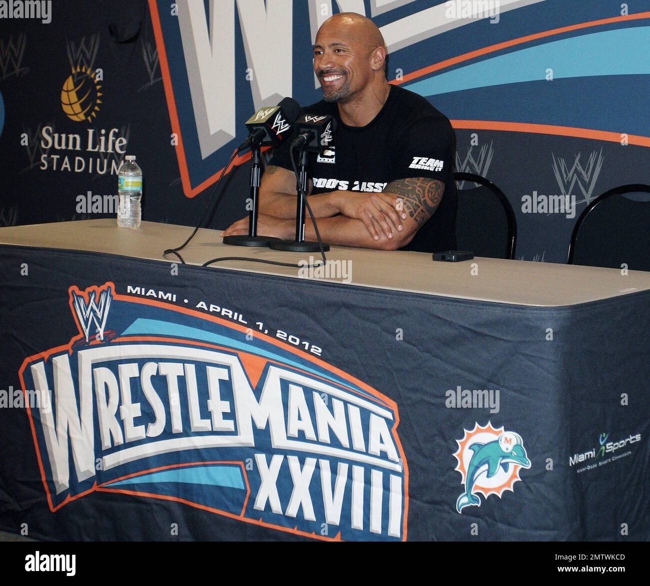 Dwayne 'The Rock' Johnson at the WWE WrestleMania 28 press conference ...