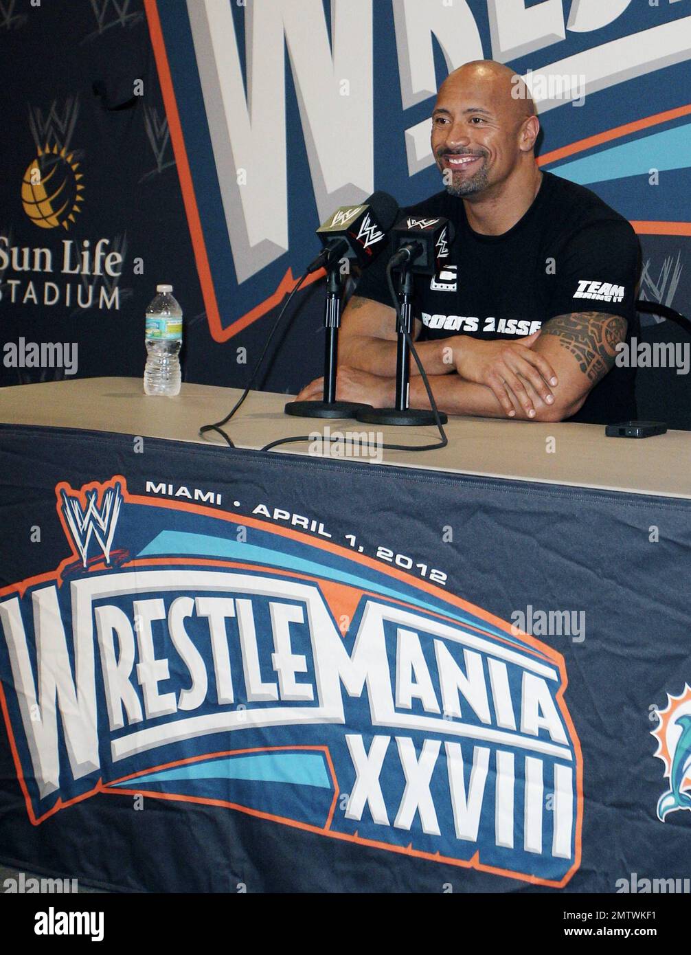 Dwayne 'The Rock' Johnson at the WWE WrestleMania 28 press conference ...