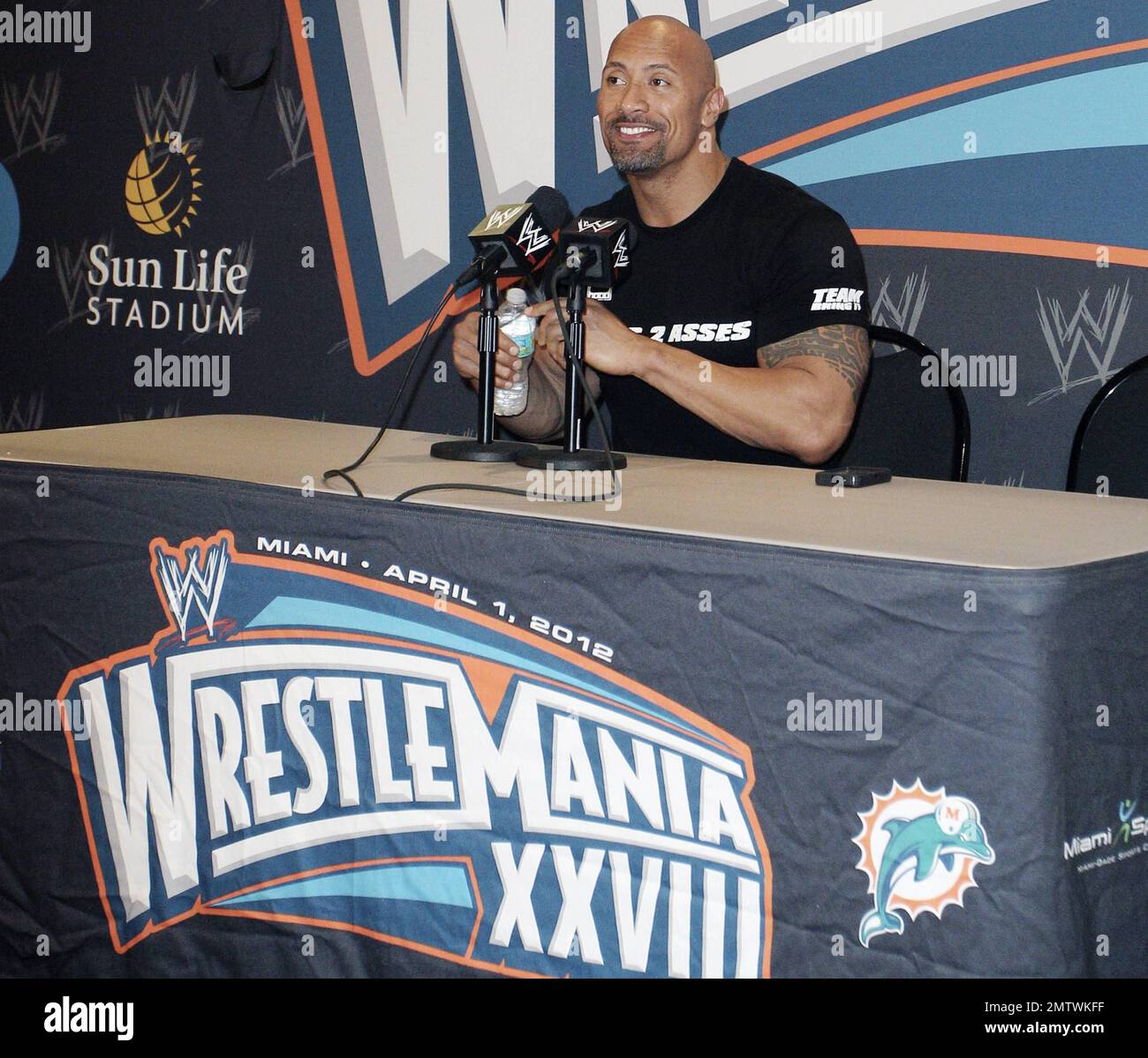 Dwayne 'The Rock' Johnson at the WWE WrestleMania 28 press conference ...