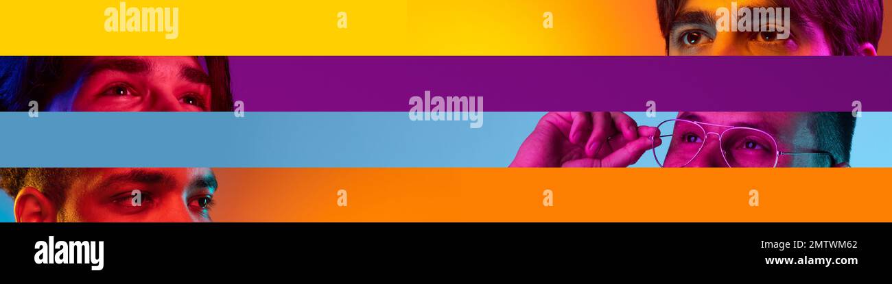 Cropped male and female faces, different eyes placed on colored narrow ...