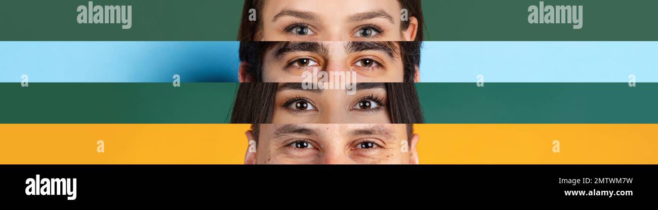 Cropped male and female faces, different eyes placed on colored narrow ...