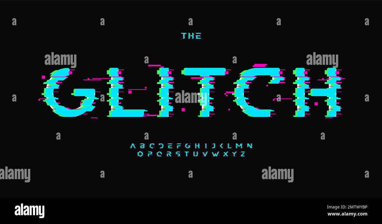 Glitch alphabet, digital distorted sans serif letters, display error font for techno logo ...