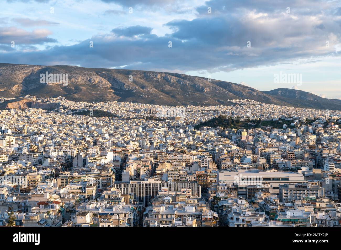 Overview of modern town of Athens, Greece with Hymettus mountain in the ...