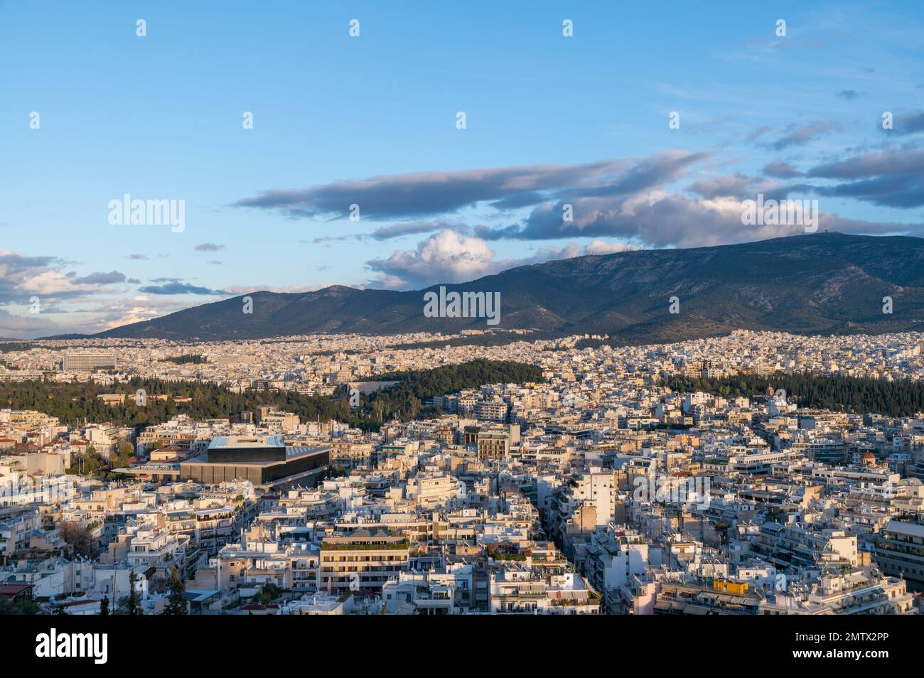 Overview of modern town of Athens, Greece with Hymettus mountain in the ...