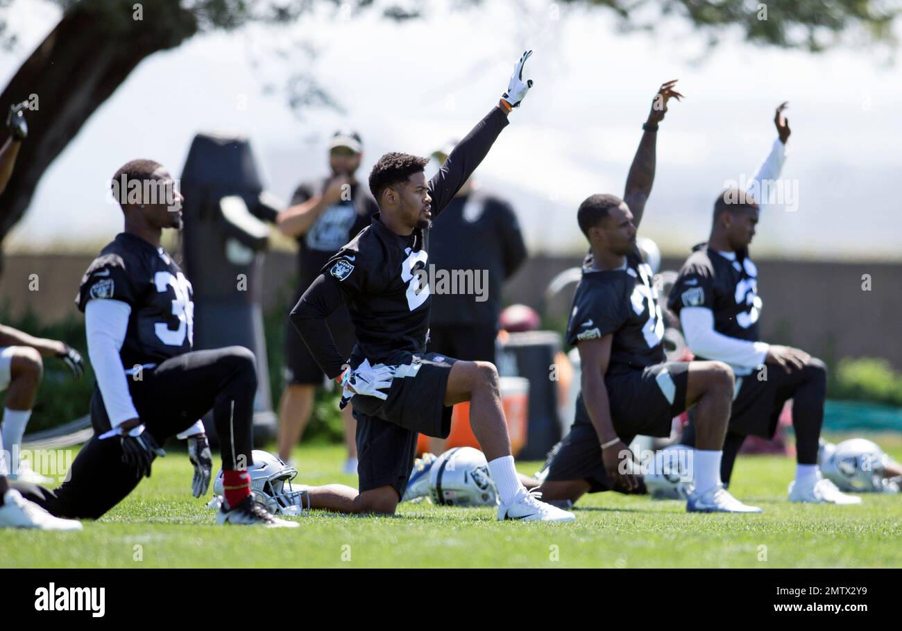 Oakland Raiders rookie safety Gareon Conley (2) stretches with ...