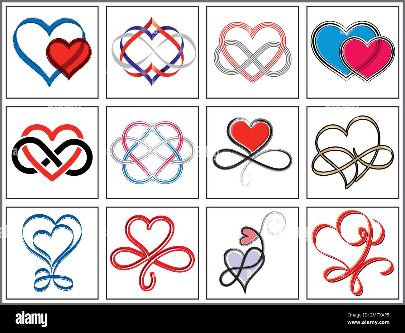 A collection of heart shapes scribbled with brush strokes. Vector decor ...