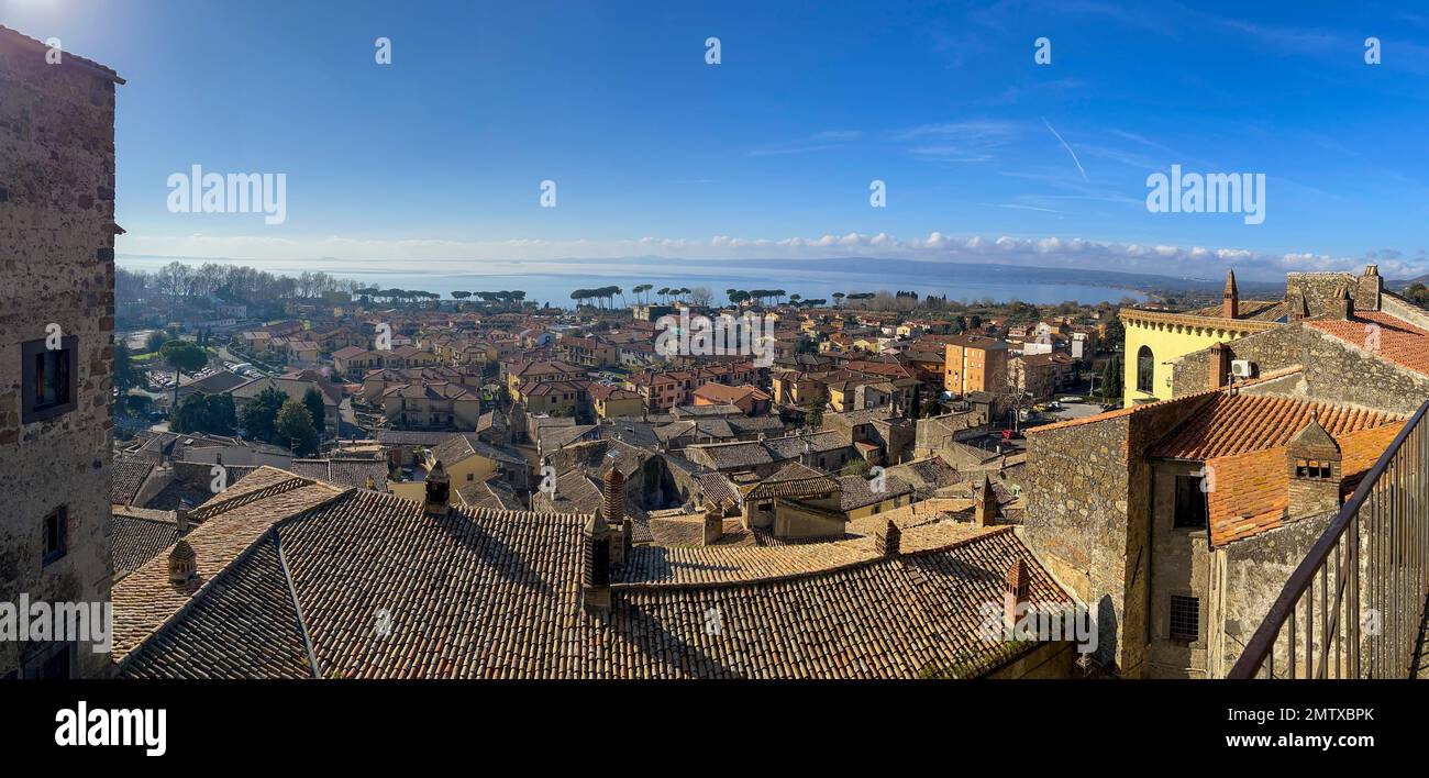 Panoramic view of Bolsena lake from the top of the old town of Bolesna ...