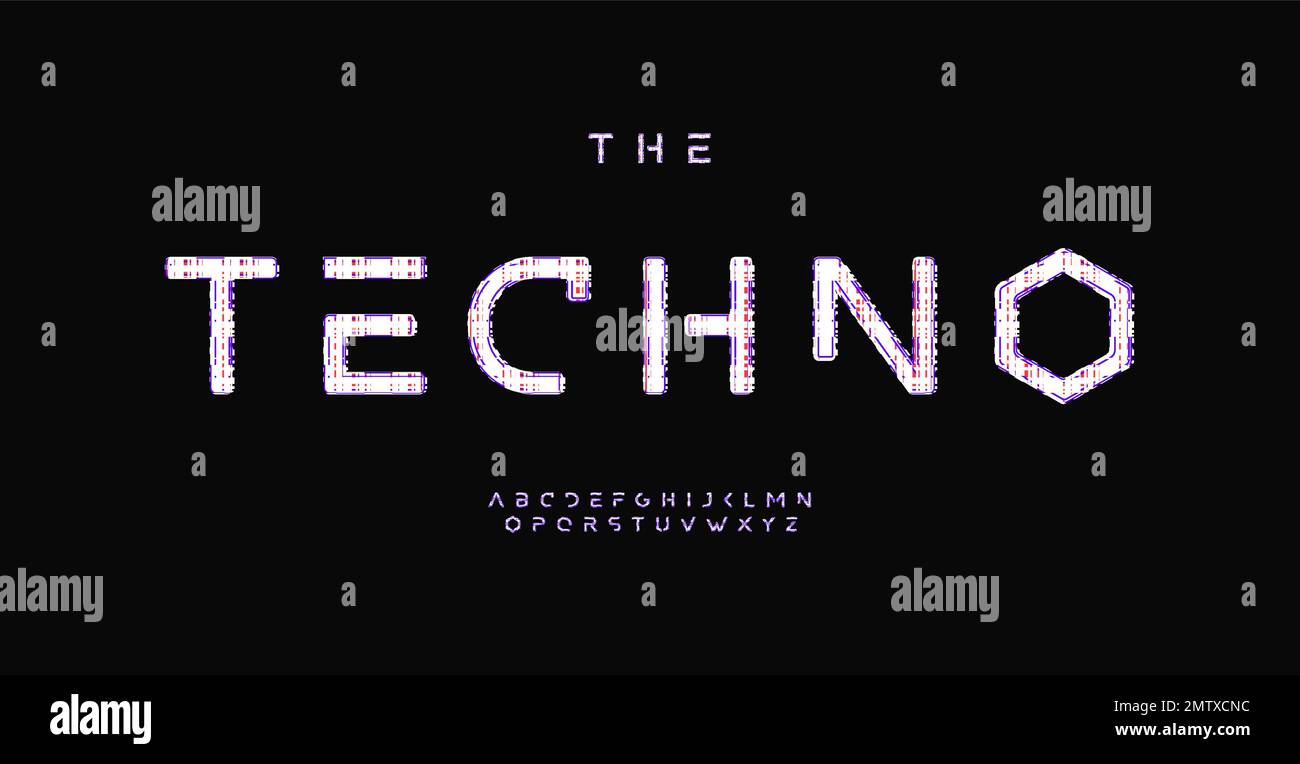 Glitch techno alphabet, digital distorted letters, display error font ...