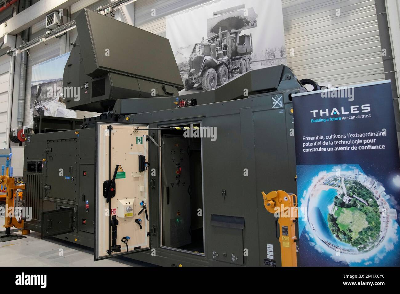 A Thales Ground Master 200 (GM200) radar is displayed during a visit at ...