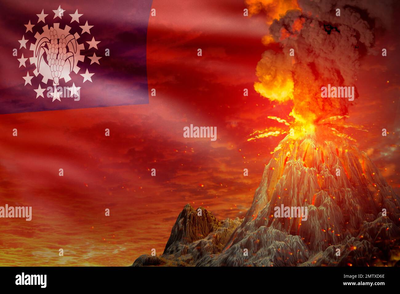 conical volcano blast eruption at night with explosion on Myanmar flag background, suffer from ...