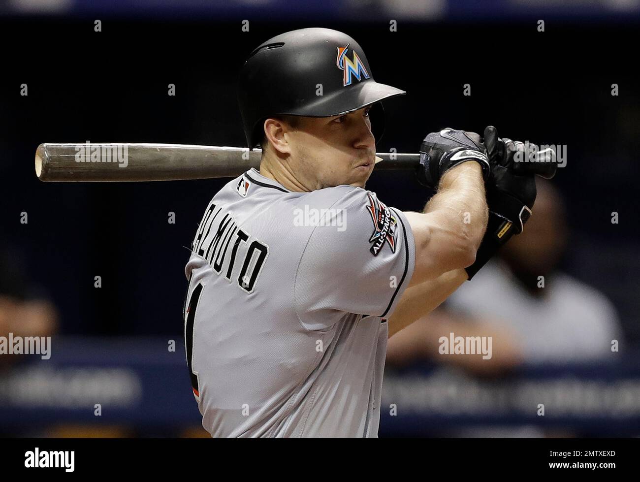 Miami Marlins' J.T. Realmuto lines a two-run single off Tampa Bay Rays ...