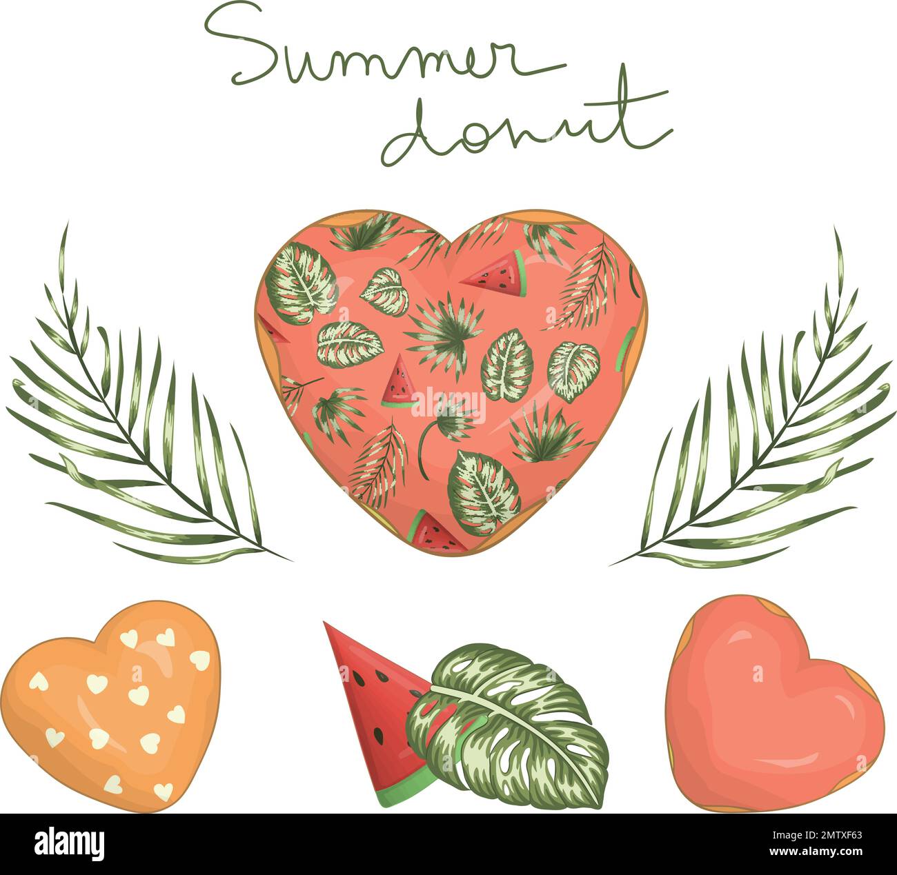 Vector illustration of heart shaped donut with pink icing with green ...