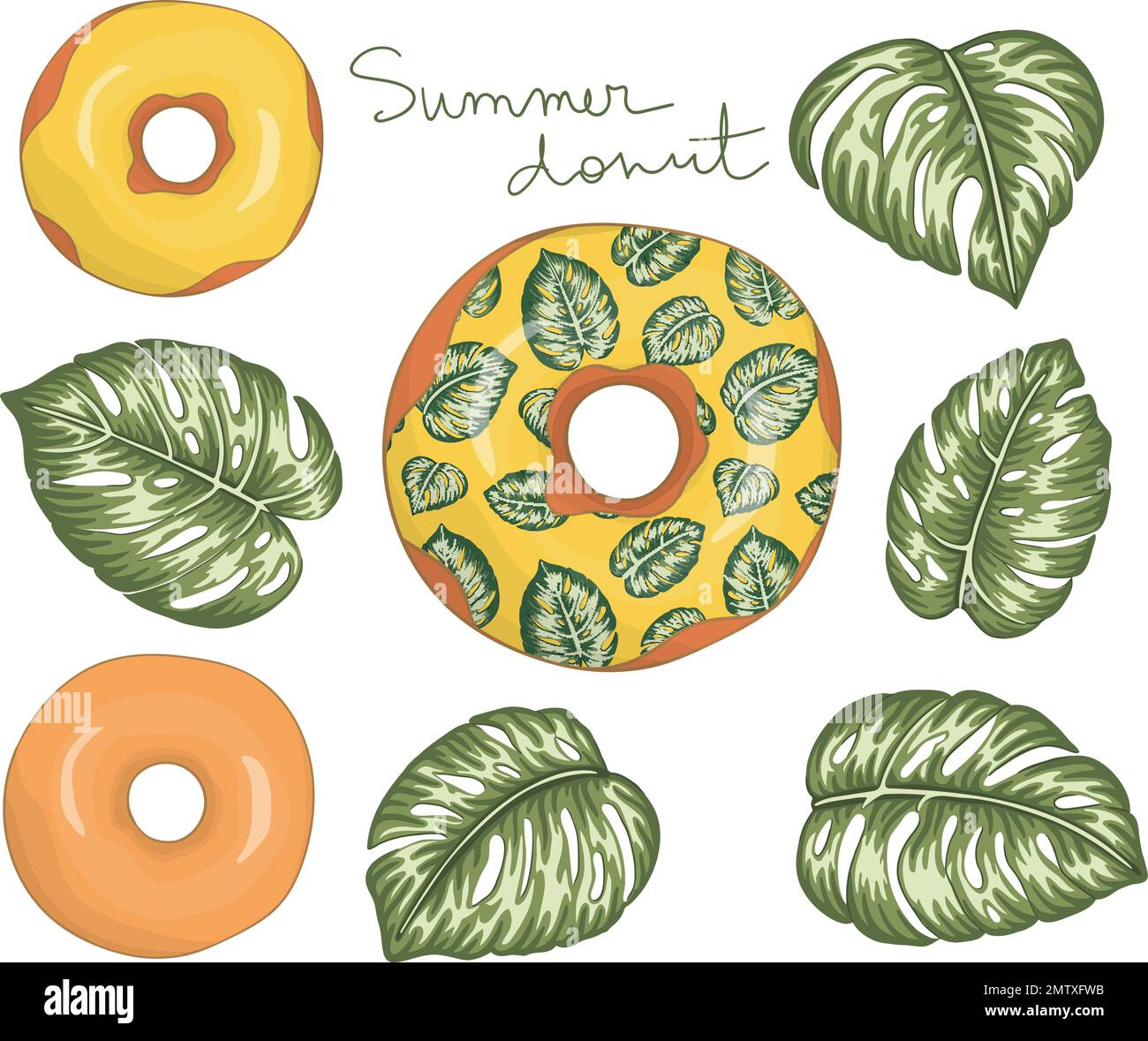 Vector illustration of donut with yellow icing with green monstera ...