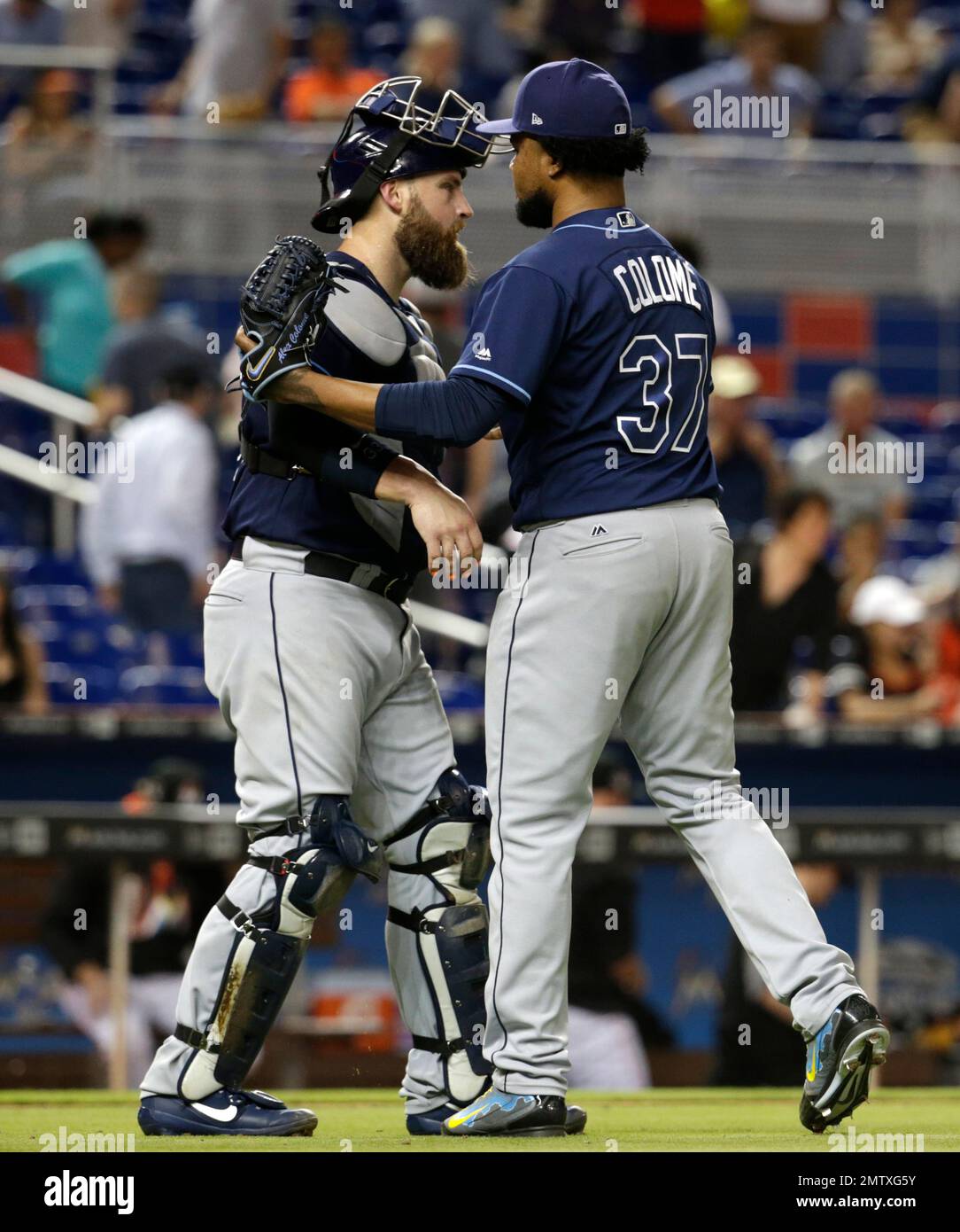 Tampa Bay Rays catcher Derek Norris, left, and relief pitcher Alex ...