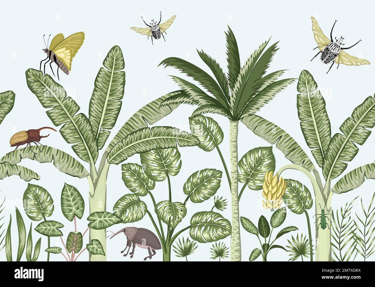 Vector seamless border background with tropical plants and insects ...