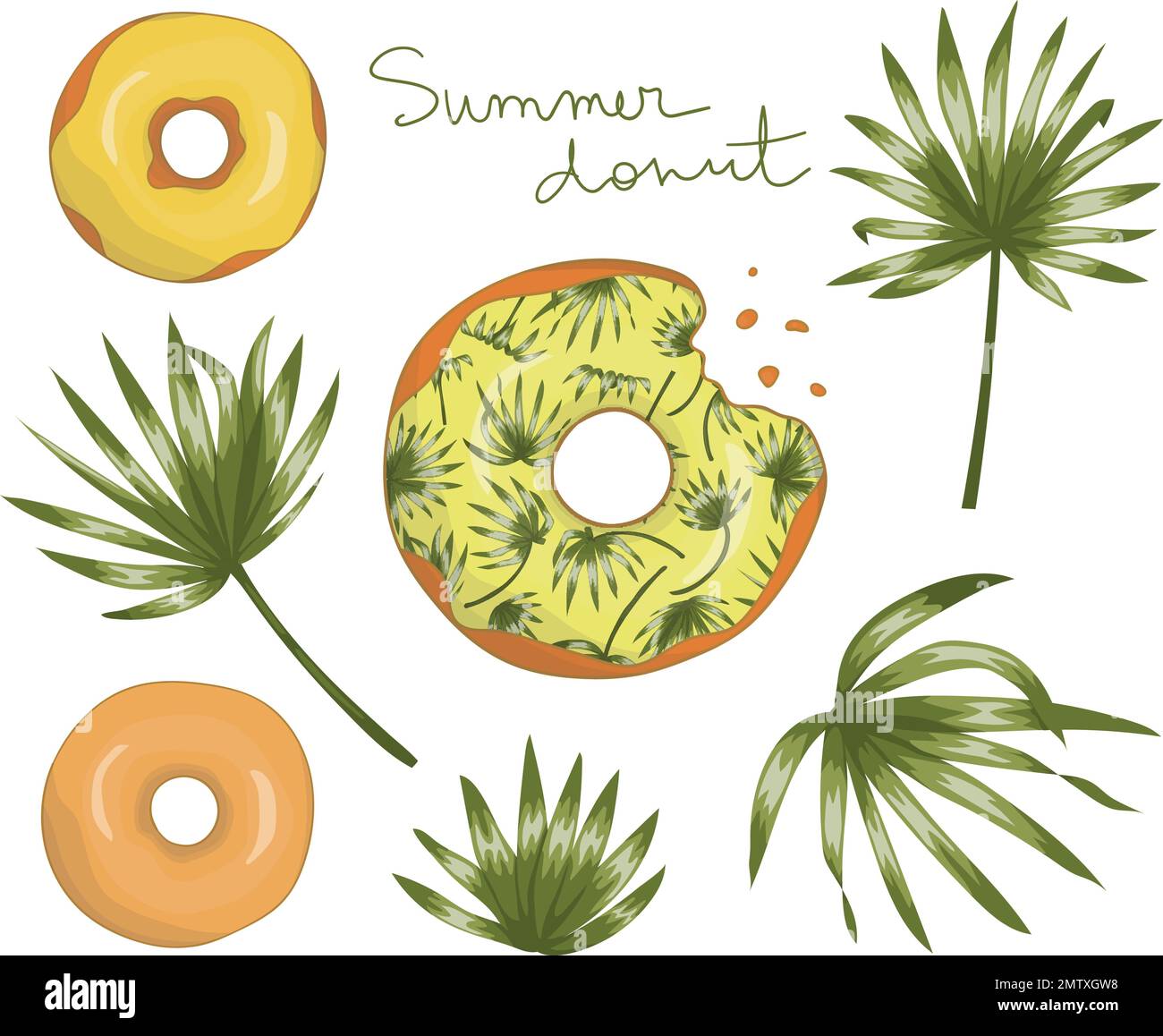 Vector illustration of donut with yellow icing with green palm tree ...