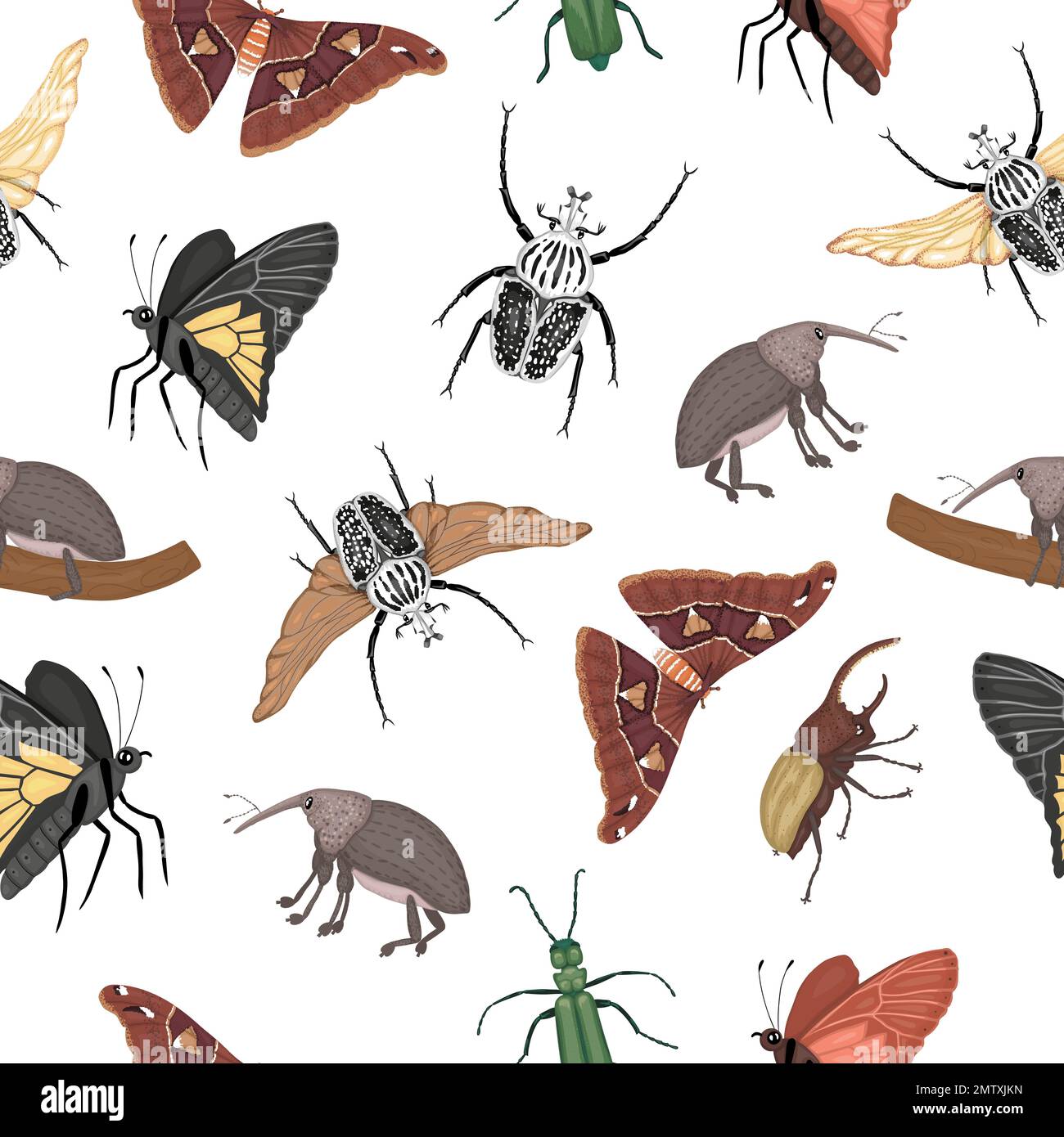 Vector seamless pattern of tropical insects. Repeat background of hand ...