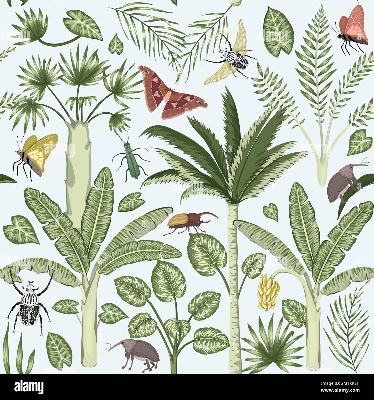 Vector seamless pattern with tropical plants and insects. Vintage ...