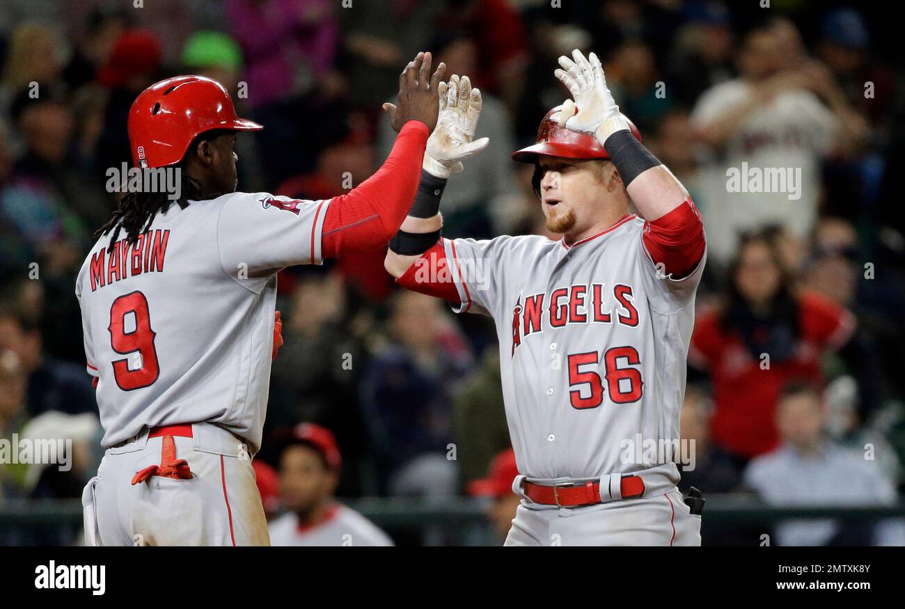 Los Angeles Angels' Kole Calhoun (56) is met at home by Cameron Maybin ...
