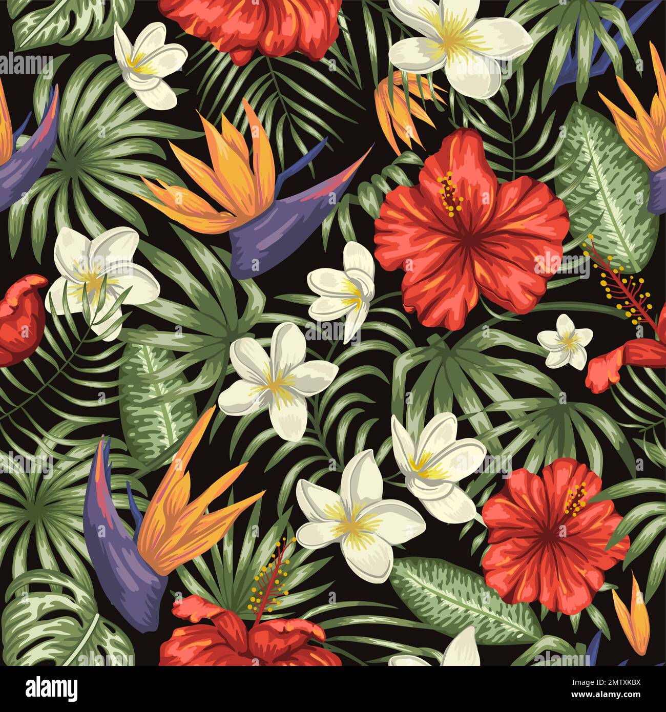 Vector seamless pattern of green tropical leaves with plumeria ...