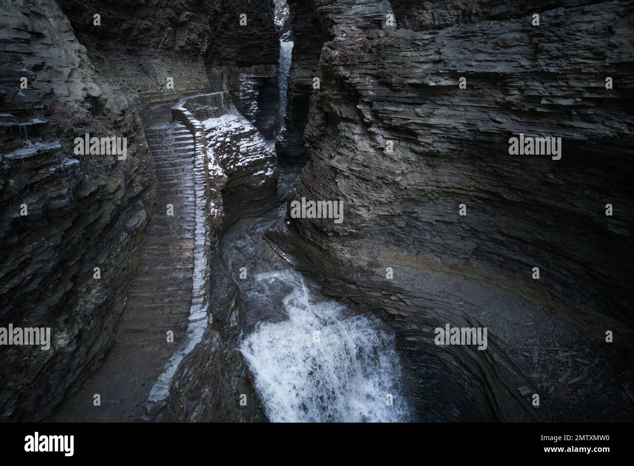 stone steps leading upwards to a cavern of waterfalls at watkins glen ...