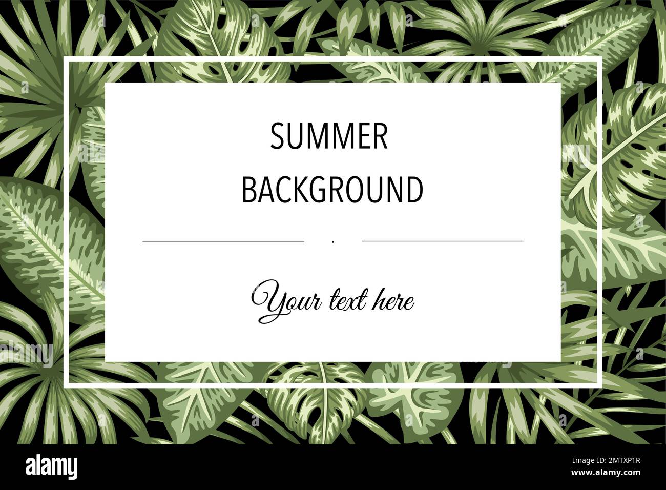 Vector frame template with tropical leaves on black background with ...