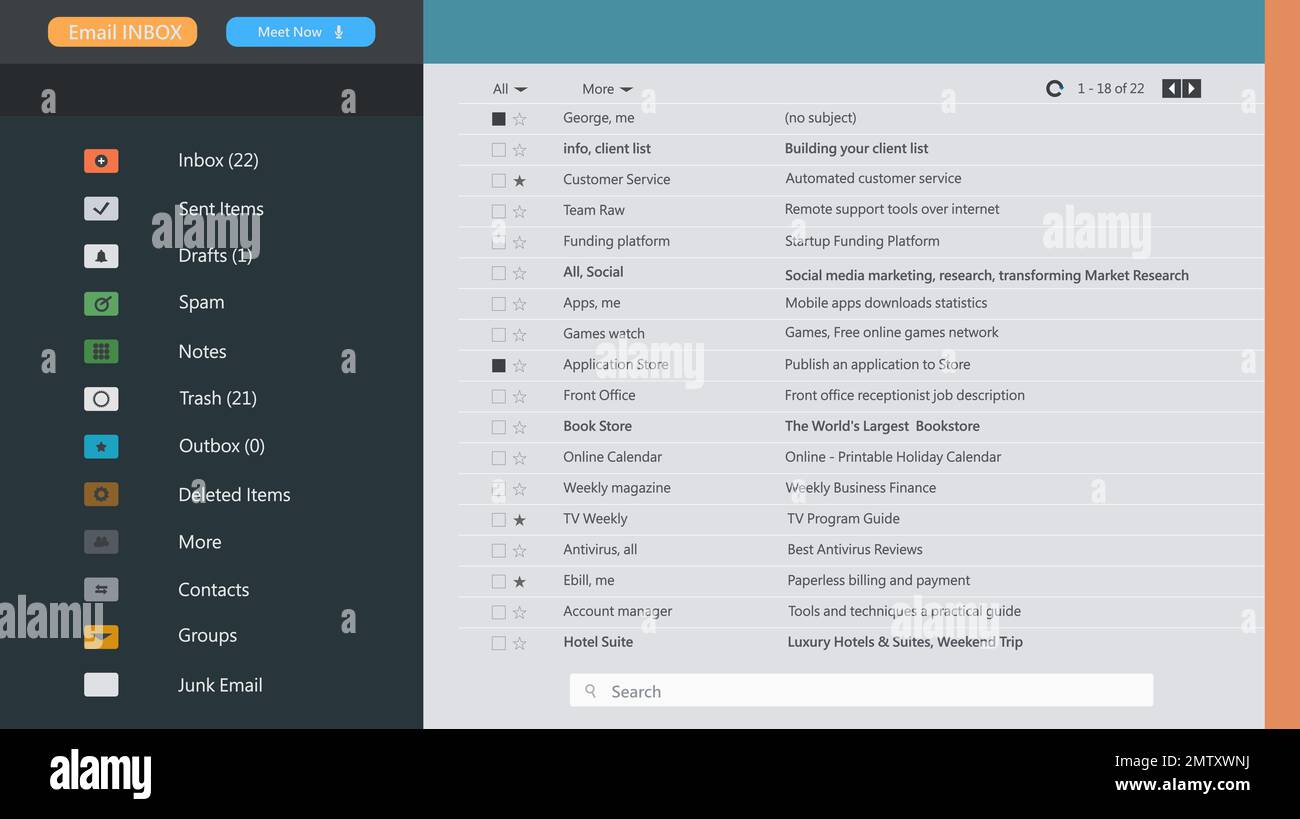 Email interface. Client mail list. Web design template. Business online ...