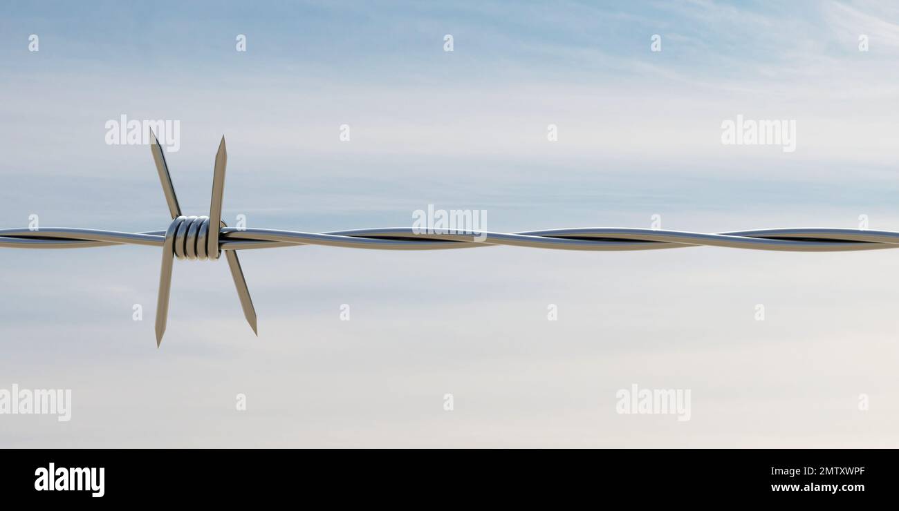 Barbed wire on blue cloudy sky background, Steel metal fence wire ...