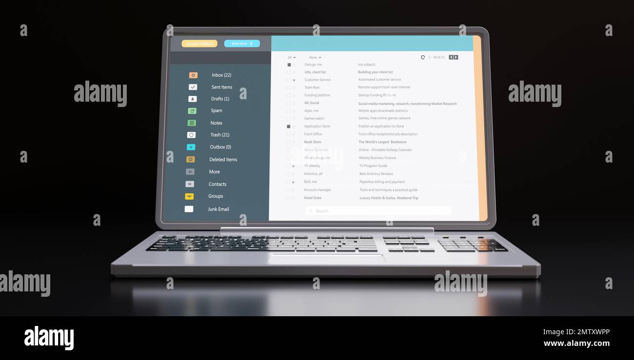 Client mail list on computer laptop screen isolated on black. Email message communication. 3d ...