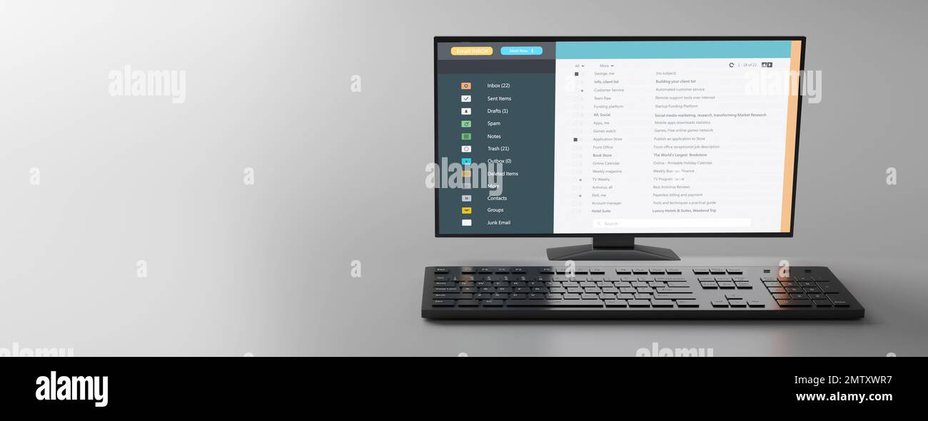 Email message communication. Client mail list on computer desktop ...