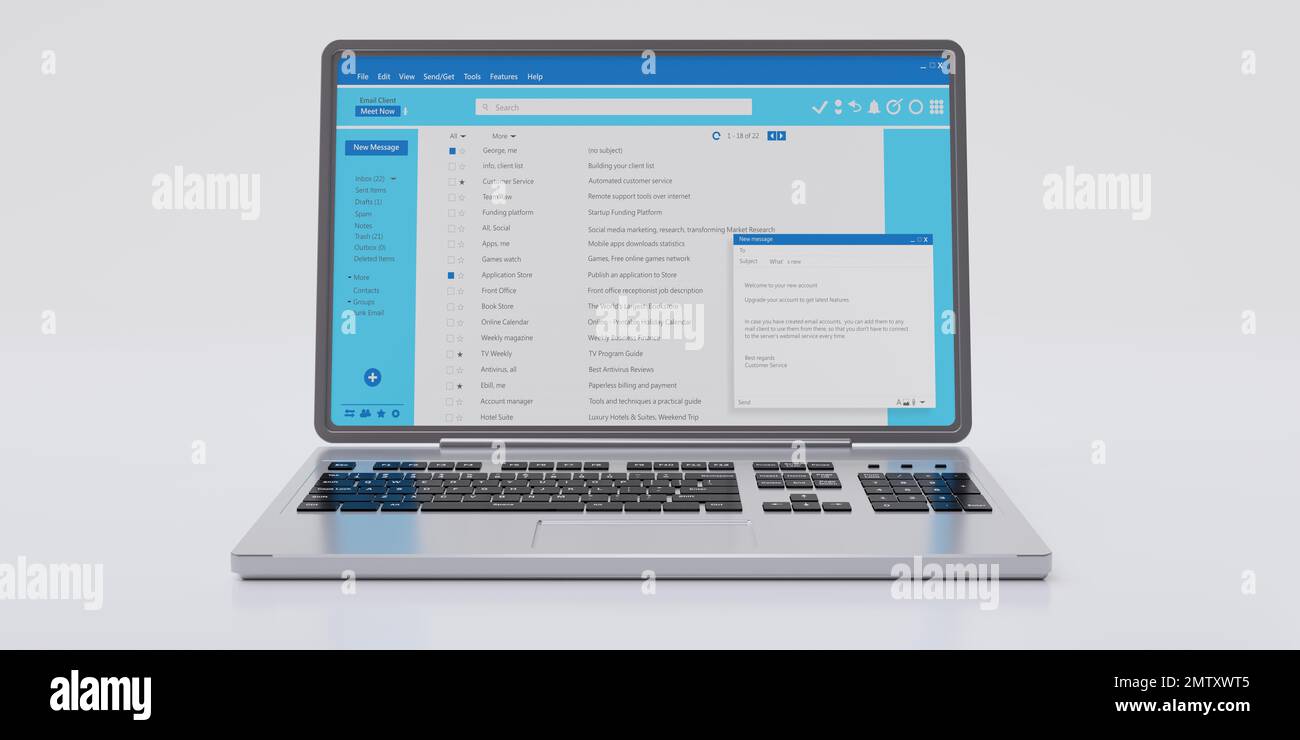 Client mail list on computer laptop screen isolated on white, front ...