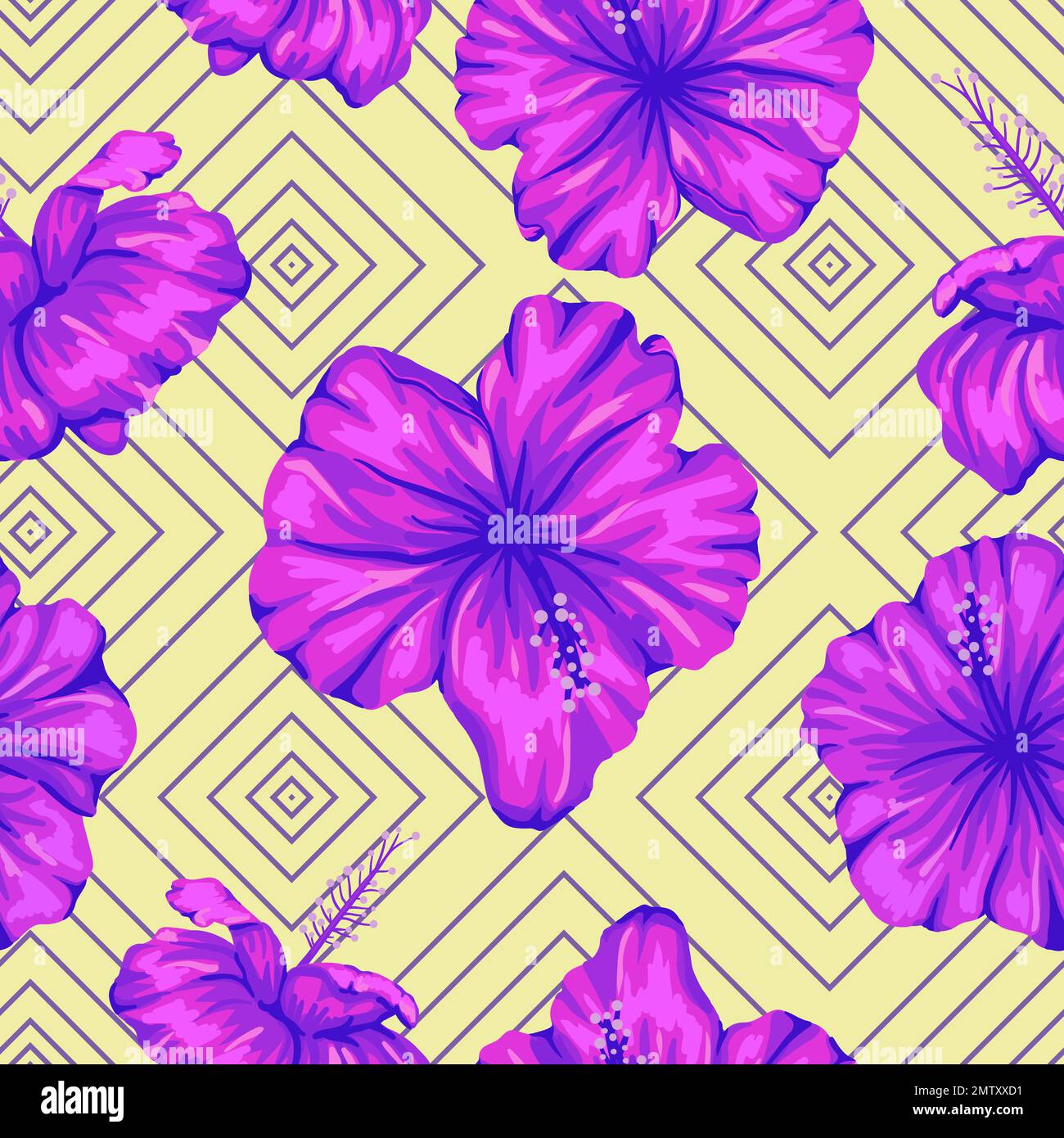 Vector seamless geometric pattern with bright purple hibiscus flowers ...