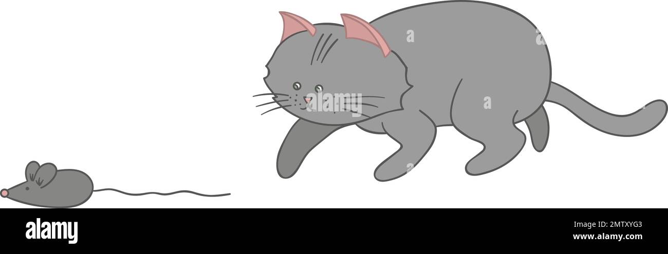 Vector illustration of a cat hunting a mouse. Cute kitten clip art ...
