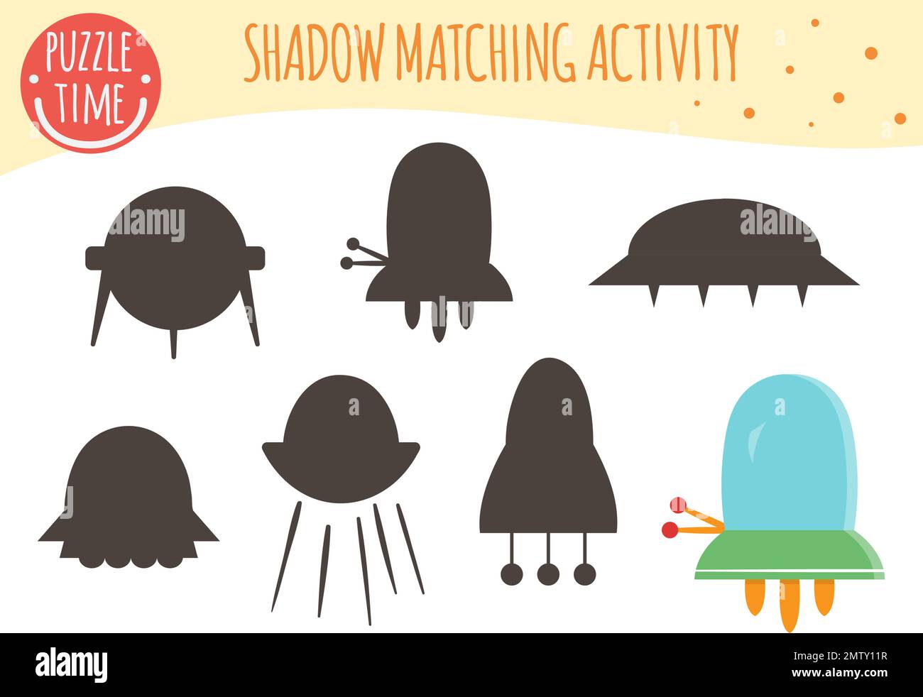 Shadow matching activity for children. Space topic. Cute funny ufo and ...