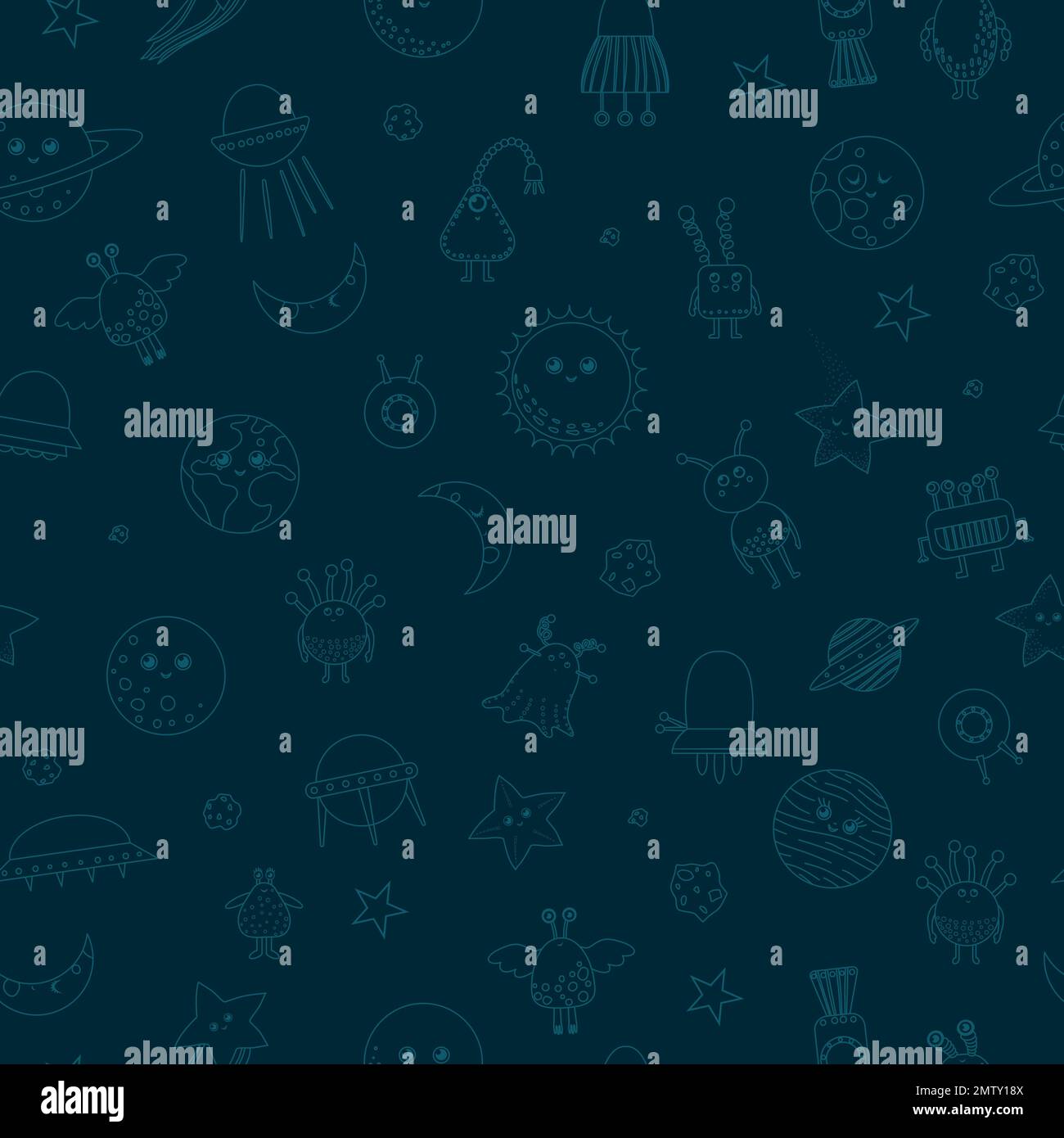 Vector seamless pattern of space objects. Black and white repeat ...