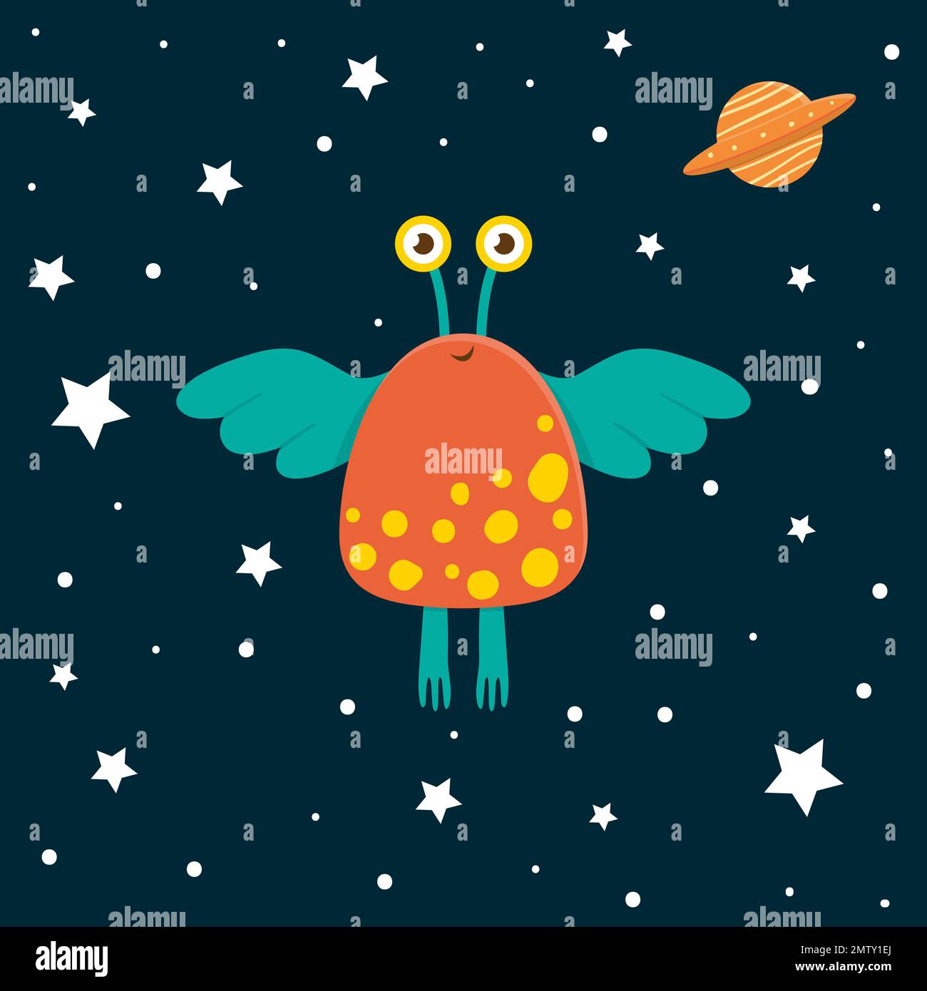 Vector funny alien with ufo in space and stars. Cute cosmic ...
