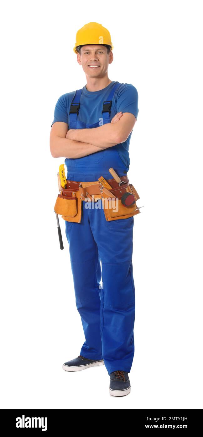 Handsome carpenter with tool belt isolated on white Stock Photo - Alamy