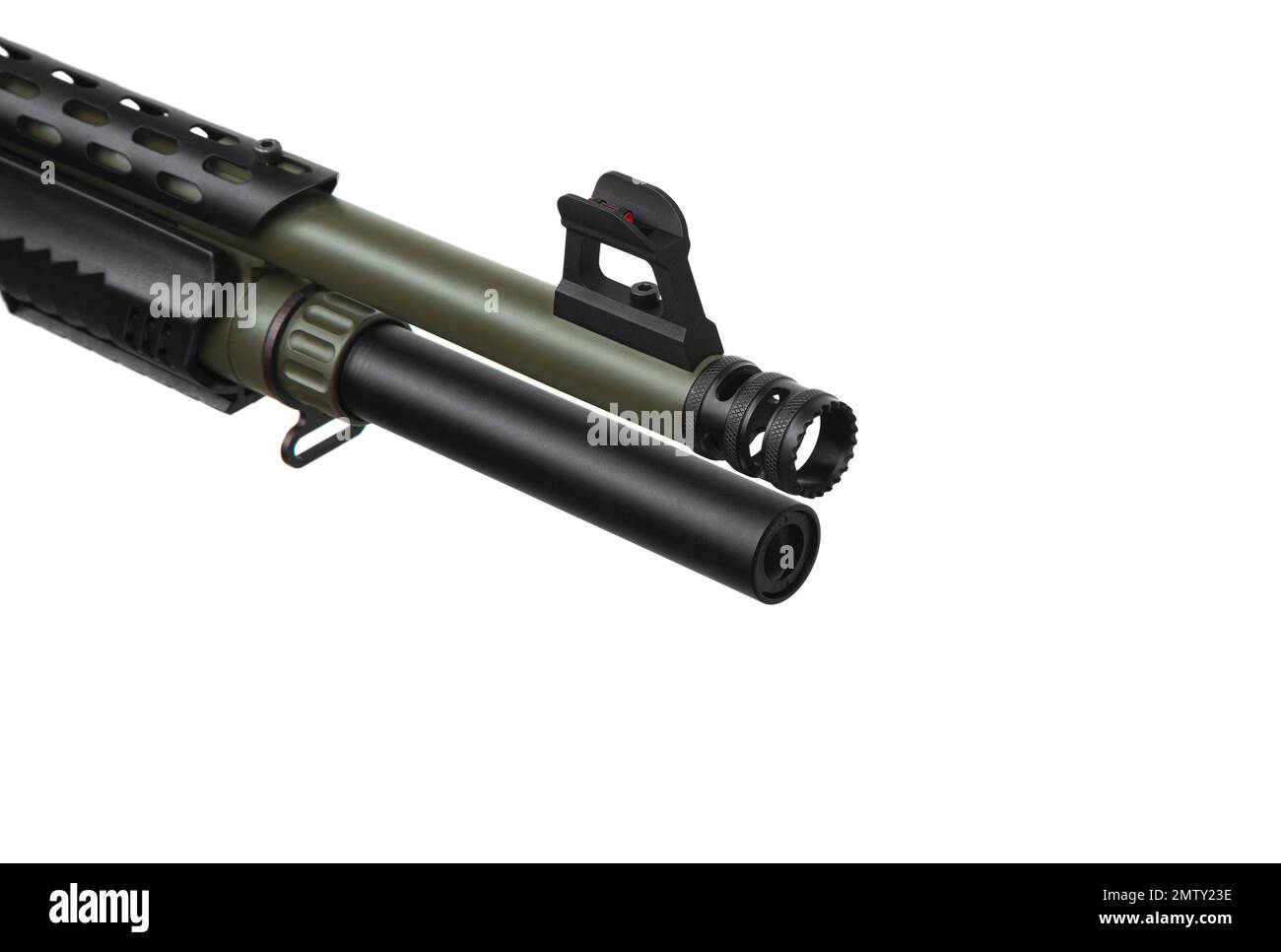 Close-up of the gun barrel. Pump-action 12 gauge shotgun isolated on a ...