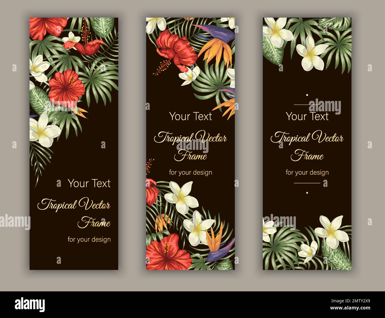 Vector bookmarks with green tropical leaves, plumeria, strelitzia and ...